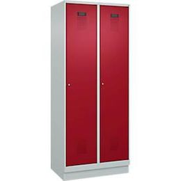 Kleiderspind C+P Evolo Plus, 2 Abteile, 400 mm Abteilbreite, mit Sockel, Anschlag rechts, B 800 x T 500 x H 1950 mm, Zylinder, lichtgrau/rubinrot