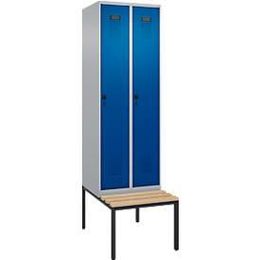 Kleiderspind C+P Evolo Plus, 2 Abteile mit je 300 mm Breite, Unterbau-Sitzbank, B 600 x T 815 x H 2120 mm, Drehriegel, weißaluminium/enzianblau