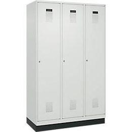 Kleiderspind C+P Evolo Plus, 3 Abteile, 400 mm Abteilbreite, mit Sockel, Anschlag rechts, B 1200 x T 500 x H 1950 mm, Zylinder, lichtgrau/lichtgrau