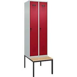 Kleiderspind C+P Evolo Plus, 2 Abteile mit je 300 mm Breite, Unterbau-Sitzbank, B 600 x T 815 x H 2120 mm, Drehriegel, lichtgrau/rubinrot