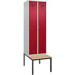Kleiderspind C+P Evolo Plus, 2 Abteile mit je 300 mm Breite, Unterbau-Sitzbank, B 600 x T 815 x H 2120 mm, Zylinder, lichtgrau/rubinrot