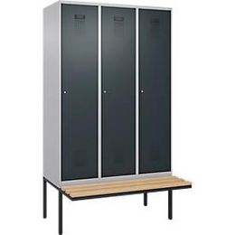 Kleiderspind C+P Evolo Plus, 3 Abteile à 400 mm Breite, schwebende Sitzbank, B 1200 x T 815 x H 2120 mm, Zylinder, weißaluminium/anthrazitgrau