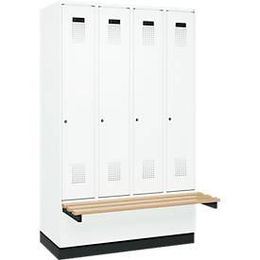 Kleiderspind C+P Evolo Plus, 4 Abteile à 300 mm Breite, Sockel, schwebende Sitzbank, B 1200 x T 815 x H 1950 mm, Zylinder, verkehrsweiß/verkehrsweiß