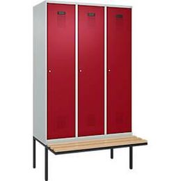 Kleiderspind C+P Evolo Plus, 3 Abteile à 400 mm Breite, schwebende Sitzbank, B 1200 x T 815 x H 2120 mm, Zylinder, lichtgrau/rubinrot