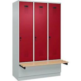 Kleiderspind C+P Evolo Plus, 3 Abteile à 400 mm Breite, Sockel, schwebende Sitzbank, B 1200 x T 815 x H 1950 mm, Drehriegel, lichtgrau/rubinrot