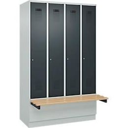 Kleiderspind C+P Evolo Plus, 4 Abteile à 300 mm Breite, Sockel, schwebende Sitzbank, B 1200 x T 815 x H 1950 mm, Zylinder, lichtgrau/anthrazitgrau