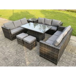 11 Sitzer Outdoor Rattan Sofa Set Lounge Einstellbare Steigende Beistelltische Stühle Fußhocker Dunkelgrau Gemischt - Fimous