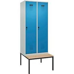 Kleiderspind C+P Evolo Plus, 2 Abteile, 400 mm Abteilbreite, mit untergebauter Sitzbank, B 800 x T 815 x H 2120 mm, Drehriegel, lichtgrau/lichtblau
