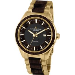 Solaruhr Jacques Lemans "Eco Power Solar Wood, 1-2116J", braun (goldfarben, braun), Armbanduhren, Herren, Armbanduhr, Herrenuhr, Datum, Holz-Zifferblatt, Edelstahlarmband