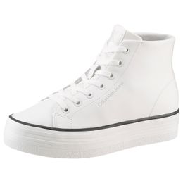 Plateausneaker Calvin Klein Jeans "BOLD VULC FLATF MID LTH IN", Damen, Gr. 39, schwarz-weiß (weiß, schwarz), Leder, unifarben mit Farbeinsatz, Sportlich, Schuhe, High Top Sneaker, Schnürboots mit CK Logo an der Ferse