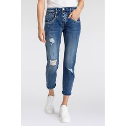 7/8-Jeans Herrlicher "Shyra Cropped Denim Comfort", Damen, Gr. 27, N-Gr, snake blau destroy, Denim/Jeans, Obermaterial: 98% Baumwolle, 2% Elasthan, Destroyed-Effekte, casual, 7/8-Länge, Jeans, mit halb verdeckter Knopfleiste