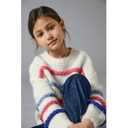 Rundhalspullover KIDS Only "KOGMY L/S STRIPE O- NECK KNT" Gr. 122 (128), beige (birch stripes), Mädchen, Strick, Obermaterial: 76% Polyacryl, 24% Polyester, gestreift, Pullover