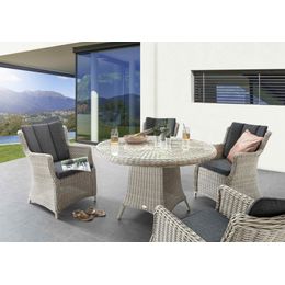 Garten-Essgruppe Destiny "LUNA", weiß (vintage weiß), Polyester, Aluminium, Polyrattan, Polyester, Sitzmöbel-Sets, (Set, 13-tlg., 4x Sessel, 1 Tisch Ø 100x75cm) Aluminium, Polyrattan