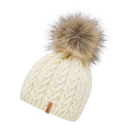 Chillouts Damen Bommelm&uuml;tze "Tabea Hat", beige, Fellimitat, Zopfmuster, meliert, unifarben, Feinstrick, Materialmix, M&uuml;tzen, mit abnehmbarem