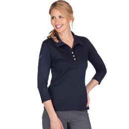 Poloshirt TRIGEMA "TRIGEMA Poloshirt mit Kristallsteinen", Damen, Gr. L, blau (navy), 95% Baumwolle, 5% Elastan, elegant, 3/4-Ärmel, Shirts