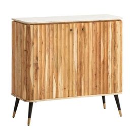 FineBuy - Hausbar Akazie Massivholz 95x90x41 cm Weinbar Echter Marmor, Kleine Bar Modern, Barschrank mit Türen und Weinregal, Spirituosenschrank mit