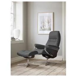 Relaxsessel stressless "Sunrise", grau (grau batick), B:79cm H:103cm T:73cm, Leder BATICK: BATICK ist ein leicht korrigiertes, durchgefärbtes und genarbtes Möbelleder, bei dem die meisten Unebenheiten und Spuren in der Regel entfernt wurden., Sessel, mit Cross Base, Größe S, M & L, Holzakzent Braun