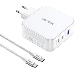 UGREEN Laptop-Ladegerät "Nexode USB-A+2*USB-C 140W GaN Fast Charger+USB-C Cable", weiß (weiß, silber), B:12,24cm H:3,68cm T:21,64cm, Ladegeräte