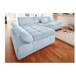 Ecksofa DOMO collection "NMoric XXL, B/T/H: 300/172/80cm, Revamierenabschluss L-Form", blau (pastelblau), B:300cm H:80cm T:172cm, Chenille (85% Polyester, 15% Acryl), Luxus-Microfaser (100% Polyester), Struktur ( 100% Polyester), Microfaser PRIMABELLE (100% Polyester), Sofas, wahlweise mit Bettfunktion und Armlehnverstel,lung