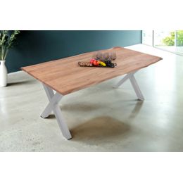 Esstisch Baumkante Akazie massiv eichenfarben 180 x 90 cm X-Gestell silber DEREK
