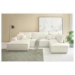 Wohnlandschaft Andas "FINNLEY U-Form XXL 329 cm, Schlafsofa, Schlaffunktion m. Bettkasten", weiß, B:329cm H:85cm T:195cm, Bezugstoff aus 90% recyceltem Material , Aqua Clean , Gramatur 580g/ qm +/- 5%, Sofas, (194/139 cm), Bouclé, Struktur und Cord