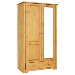 Kleiderschrank Home Affaire "Hugo", beige (gelaugt, geölt), B:106cm H:190cm T:58cm, Schränke, Drehtürenschrank Garderobenschrank Kleiderschrank, aus massiver Kiefer im Landhausstil, mit Spiegel