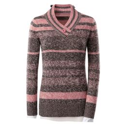 WITT Damen V-Ausschnitt-Pullover aus Melangegarn, lachs-anthrazit-geringelt, Gr&ouml;&szlig;e 44