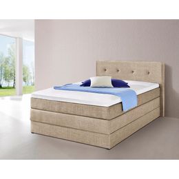 Boxspringbett Hapo, beige, Liegefläche B/L: 140cm x 200cm, kein Härtegrad, 7-Zonen-Tonnentaschen-Federkernmatratze, Kopfteil, seitliche Unterbox und Obermatratze sind mit pflegeleichtem Feinstrukturstoff in Leinenoptik (100% Polyester) bezogen;Die Oberseite der Unterfederung und die Ober- und Unterseite der Obermatratze sind jeweils mit einem rutschhemmenden Stoff aus 100% Polyester bespannt., Kom