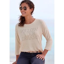 Lascana 3/4-Arm-Shirt 'mit Schriftzug aus Strasssteinen' beige Gr. 32/34 für Damen. Rundhals und Steinchen, Glitzersteine, Schriftzug, Strass-Steine. Bequem. Nachhaltig.