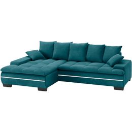 Ecksofa MR. COUCH "Haiti II, L-Form", blau (memphis 13 petrol), B:280cm H:87cm T:180cm, Memphis (Grundgewebe - 100% Polyester; Nutzschicht- 90% Polyester / 10% Polyamide), Sofas, RGB-LED Beleuchtung, Kaltschaum, wahlweise mit Bett, Bettkasten