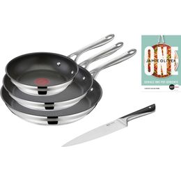 Pfannen-Set Tefal "Jamie Oliver Cook Smart", grau (edelstahl), B:32,4cm H:14,9cm L:50,9cm Ø:28cm, Pfannen, stilvolle Edelstahl-Pfannen, inkl. Kochmesser, Rezeptbuch