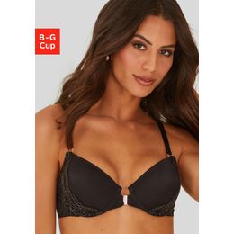Neckholder-BH Lascana, Damen, Gr. 100, Cup B, schwarz (schwarz, bronzefarben), Microtouch, Obermaterial: 82% Polyamid (TACTEL), 18% Elasthan (LYCRA), BHs, mit Vorderverschluss und Spitze in einem schimmernden Bronzeton