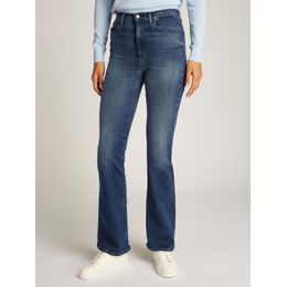 Slim-fit-Jeans Tommy Jeans "Sylvia High Rise Flare", Damen, Gr. 27, Länge 30, schwarz (denim schwarz), Denim/Jeans, Obermaterial: 92% Baumwolle, 6% Elastomultiester, 2% Elasthan, unifarben, casual, slim fit lang, Jeans, mit Logo-Badge