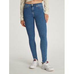 Skinny-fit-Jeans Tommy Jeans "Nora Mid Rise Skinny", Damen, Gr. 25, Länge 30, blau (denim medium1), Denim/Jeans, Obermaterial: 88% Baumwolle, 10% sonstige Fasern, 2% Elasthan, unifarben, casual, skinny fit knöchellang, Jeans, mit Waschung, mit Logo-Badge