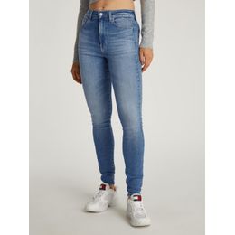 Skinny-fit-Jeans Tommy Jeans "Sylvia High Rise Skinny", Damen, Gr. 26, Länge 30, blau (denim medium), Denim/Jeans, Obermaterial: 94% Baumwolle, 4% Elastomultiester, 2% Elasthan, unifarben, casual, skinny fit knöchellang, Jeans, mit Logo-Badge