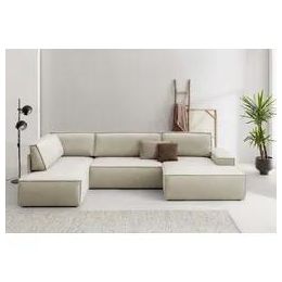 Wohnlandschaft Home Affaire "SHERWOOD XXL 329 cm, U-Form, Schlafsofa", beige (cream), B:329cm H:85cm T:195cm, Sofas, Schlaffunktion m. Bettkasten (194x139 cm), Cord, Vintage, Samtvelours, Topseller