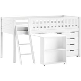 Spielbett Vipack, weiß, B:134,7cm H:114cm L:206,7cm, Das Bett ist Kiefer massiv;Die Beimöbel MDF, Betten, mit viel Funktion auf kleinem Raum, LF 90x200 cm, Kiefer weiß lackiert