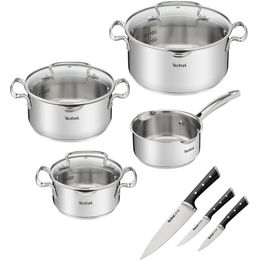 Topf-Set Tefal "G719S7_K2323S74 Duetto+ Ice Force", grau (edelstahl), B:30cm H:19cm L:54cm Ø:24cm, Töpfe, rostfreier Edelstahl, Deckel m. Abgießfunktion, inkl. 3tlg. Messer-Set