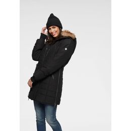 Winterjacke ALPENBLITZ "Bern" Gr. 48, schwarz (schwarz ( langjacke aus nachhaltigem material)), Damen, Web, Obermaterial: 100% Polyester. Futter: 100% Polyester. Besatz: 100% Polyacryl. Wattierung: 100% Polyester, unifarben, kontrastfarbene Details, Jacken, leichter Webstoff, mit abnehmbarer, verstellbarer Kapuze