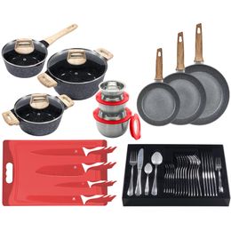 Topf-Set King "»ESSENTIAL« Aluminium, Induktion, Antihaftbeschichtung", rot, 7,5 l, Töpfe, 3 Pfannen, 4 Küchenmesser, 1 Schneidebrett, 3 Vorratsdosen mit Deckel