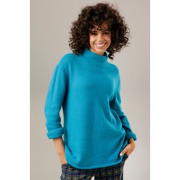 Strickpullover Aniston CASUAL Gr. 34, blau (petrol), Damen, Feinstrick, Obermaterial: 75% Polyacryl, 23% Polyamid, 2% Elasthan, unifarben, Pullover, mit Stehkragen, Topseller