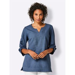 Hemdbluse CREATION L PREMIUM Gr. 42, blau (jeansblau), Damen, 100% Leinen, unifarben, Blusen