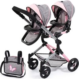 Puppen-Zwillingsbuggy BAYER "Twin Neo, grau", grau, Puppenwagen, KinderB:42cm H:81cm T:82cm, Kunststoff, Metall, Stoff, mit Wickeltasche, B:42cm H:81cm T:82cm