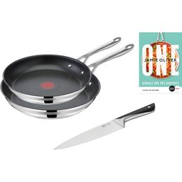 Pfannen-Set Tefal "Jamie Oliver Cook Smart", grau (edelstahl), B:35,5cm H:15,5cm L:51,3cm Ø:28cm, Pfannen, stilvolle Edelstahl-Pfannen, inkl. Kochmesser, Rezeptbuch