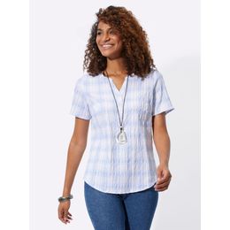 Karobluse Casual Looks, Damen, Gr. 54, blau (himmelblau, ecru, kariert), 50% Polyester, 49% Baumwolle, 1% Elasthan, gemustert, mehrfarbig, kariert, V-Ausschnitt, Kurzarm, Blusen