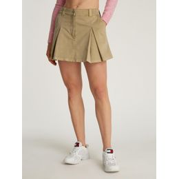 Minirock Tommy Jeans "TJW MINI FRONT PLEATS SKIRT", Damen, Gr. L (40), relic tan, Web, Obermaterial: 98% Baumwolle, 2% Elasthan, unifarben, casual, normal mini, Röcke, mit Falten im Vorderteil