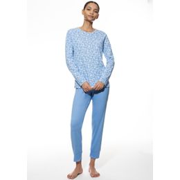 Schlafanzug Mey "FLOWER MEADOW", Damen, Gr. 40, blau (blau silk), Single Jersey, Obermaterial: 100% Baumwolle, casual, bequem 7/8-Länge, Rundhals, Homewear-Sets, Komfortbund