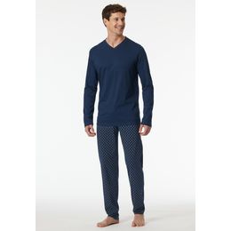 Schlafanzug Schiesser ""Casual Essentials"", Damen, Gr. 110, blau (801, admiral), Single Jersey, Obermaterial: 100% Baumwolle, unifarben, gemustert, casual, lang, V-Ausschnitt, Langarm, Homewear-Sets, mit V-Ausschnitt