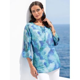 Longbluse Heine Gr. 40, blau (ozean, ecru, bedruckt), Damen, 100% Polyester, gemustert, Batikmuster, mehrfarbig, bedruckt, Blusen