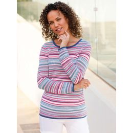 Rundhalspullover Casual Looks "Rundhals-Pullover", Damen, Gr. 42, fuchsia, jeansblau, geringelt, 100% Polyacryl, gemustert, mehrfarbig, gestreift, Langarm, Pullover